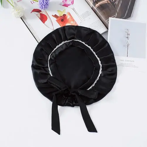 SILKSILKY Pure Silk Lace Trimmed Bonnet With Ribbons - Black