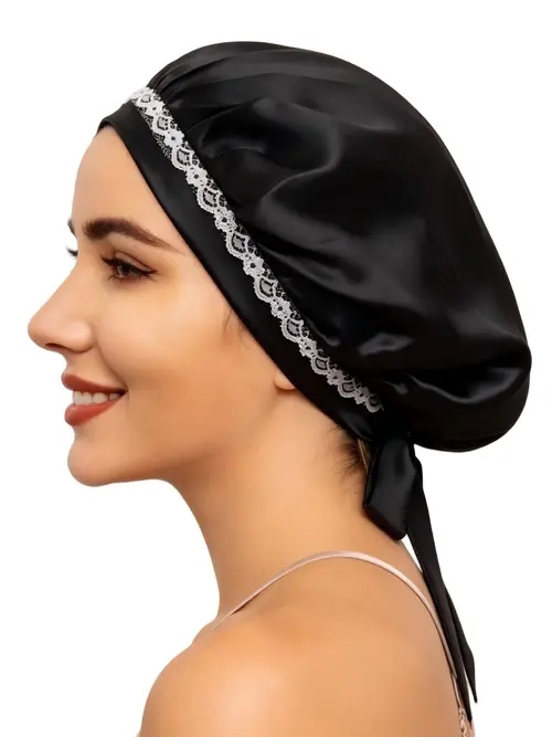 SILKSILKY Pure Silk Lace Trimmed Bonnet With Ribbons - Black