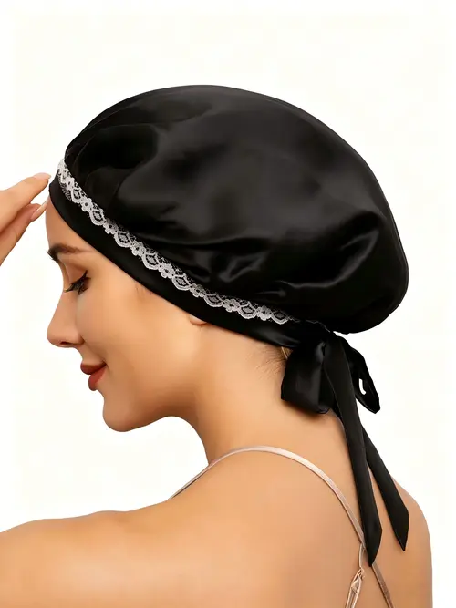 SILKSILKY Pure Silk Lace Trimmed Bonnet With Ribbons - Black