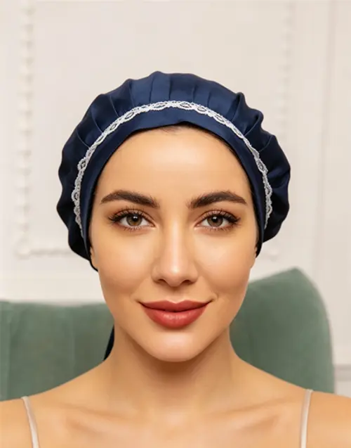 SILKSILKY Pure Silk Lace Trimmed Bonnet With Ribbons - Darkblue