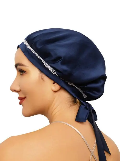 SILKSILKY Pure Silk Lace Trimmed Bonnet With Ribbons - Darkblue