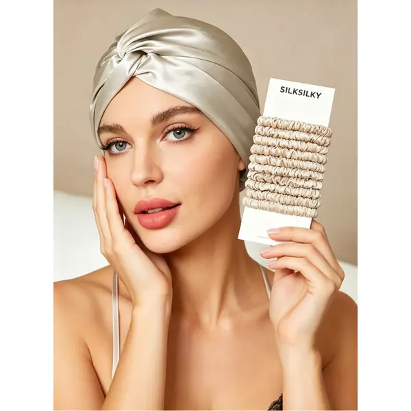 SILKSILKY Pure Mulberry Silk Bonnet And Scrunchie Set - Beige