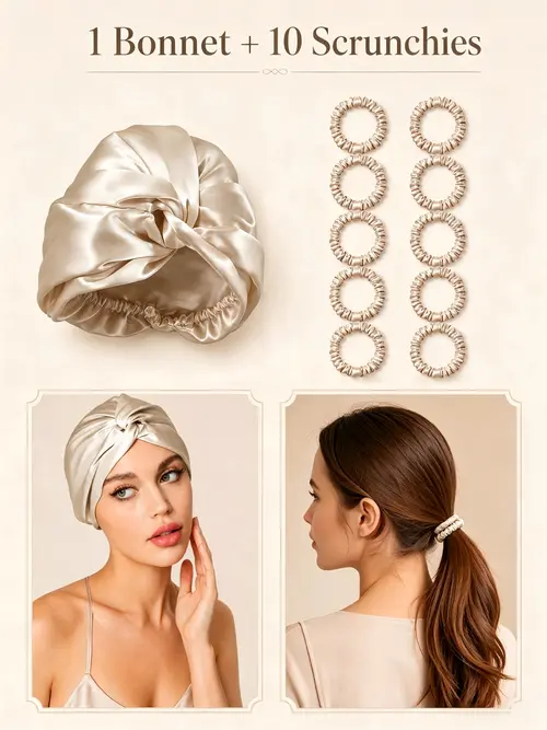 SILKSILKY Pure Mulberry Silk Bonnet And Scrunchie Set - Beige