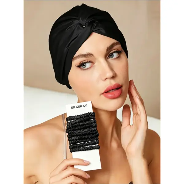 SILKSILKY Pure Mulberry Silk Bonnet And Scrunchie Set - Black