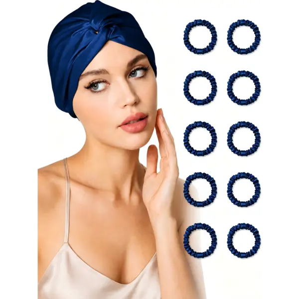 SILKSILKY Pure Mulberry Silk Bonnet And Scrunchie Set - Darkblue