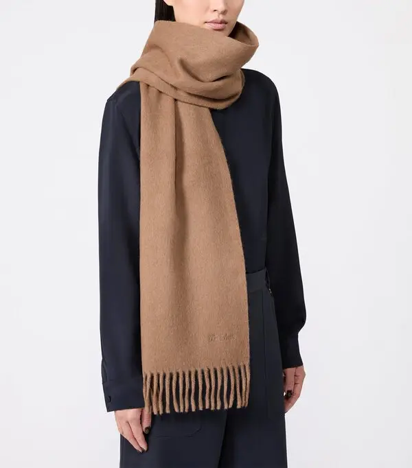 Max Mara Wool Fringed Logo Scarf - Beige