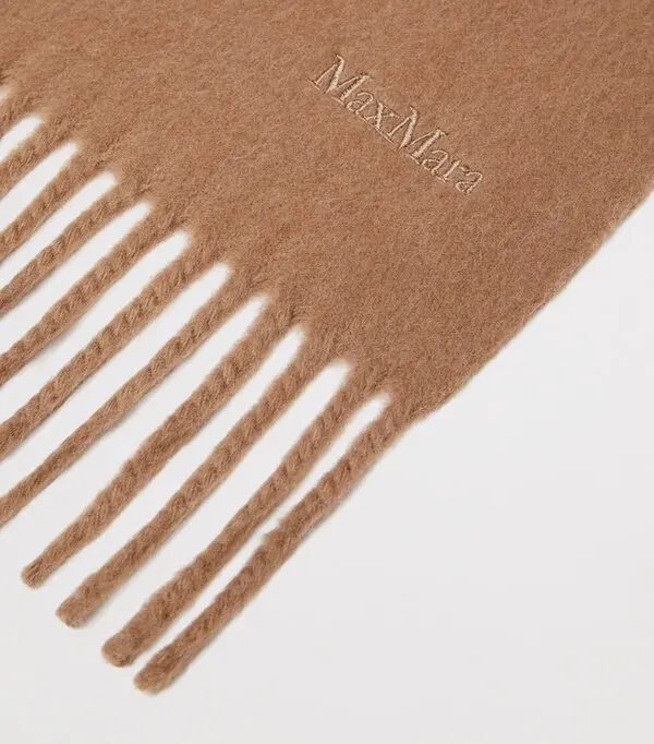 Max Mara Wool Fringed Logo Scarf - Beige