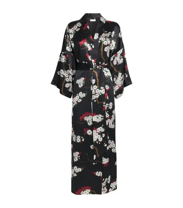 Olivia Von Halle Silk Floral Queenie Night Robe - Black