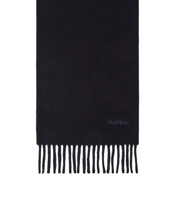 Max Mara Wool Fringed Logo Scarf - Navy