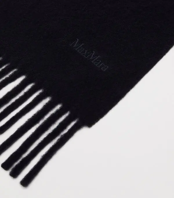 Max Mara Wool Fringed Logo Scarf - Navy