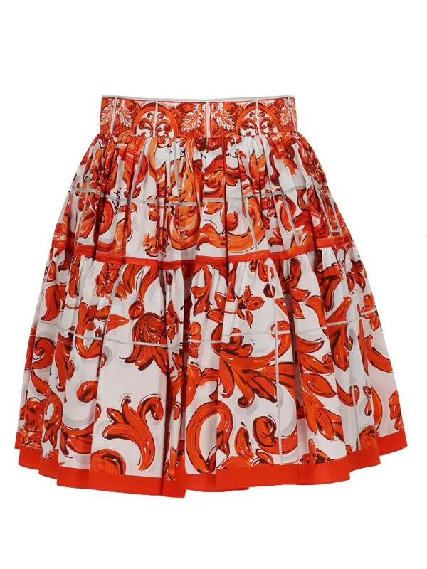 Dolce & Gabbana Maiolica Print Tiered Poplin Skirt - Orange