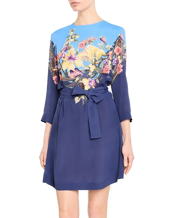Etro Placed Floral Tie Waist Mini Dress - Printed Blue