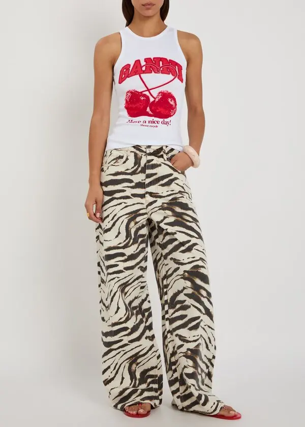 GANNI Cherry Printed Cotton Tank Top - White