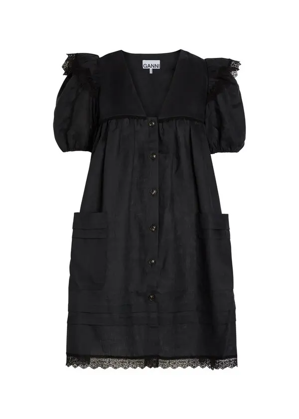 GANNI Lace-trimmed Linen Mini Dress - Black