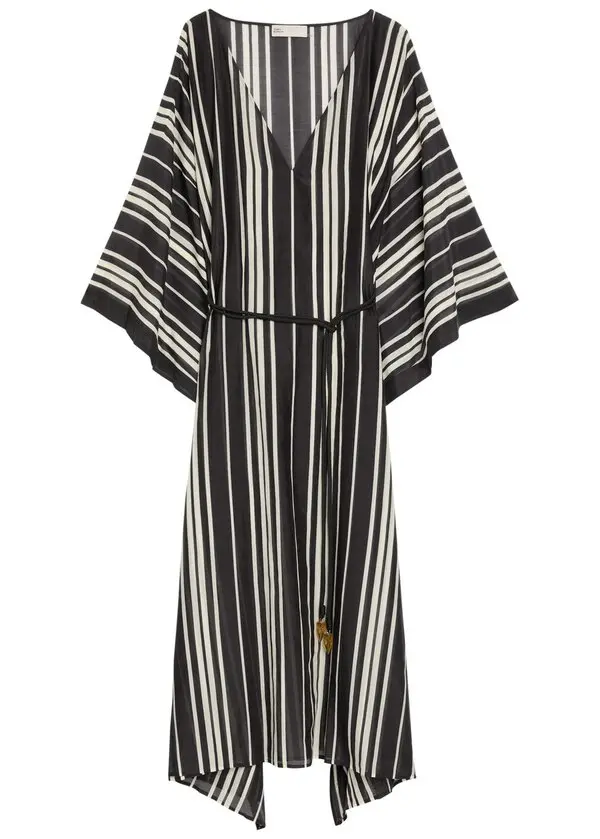 Tory Burch Striped Belted Kaftan Dress - Black