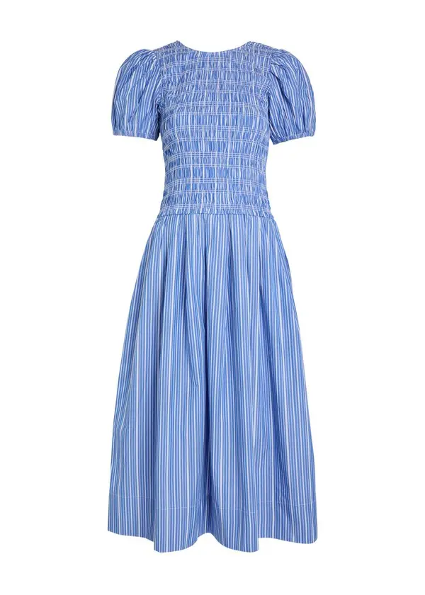 GANNI Striped Shirred Puff Sleeve Midi Dress - Navy