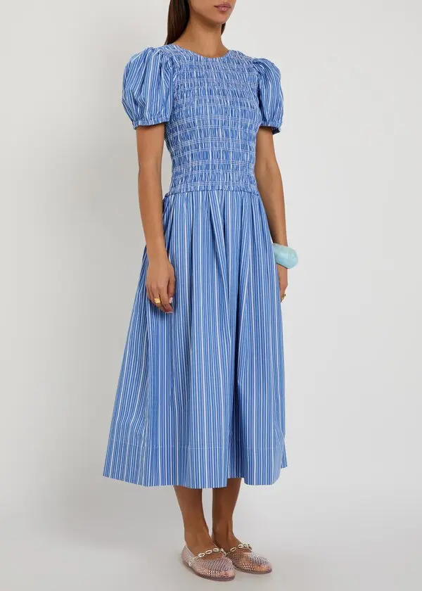 GANNI Striped Shirred Puff Sleeve Midi Dress - Navy