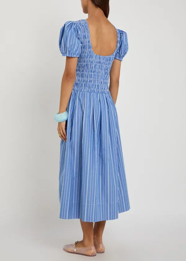 GANNI Striped Shirred Puff Sleeve Midi Dress - Navy