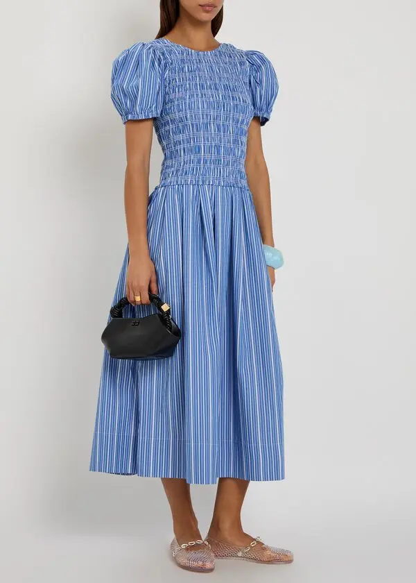 GANNI Striped Shirred Puff Sleeve Midi Dress - Navy