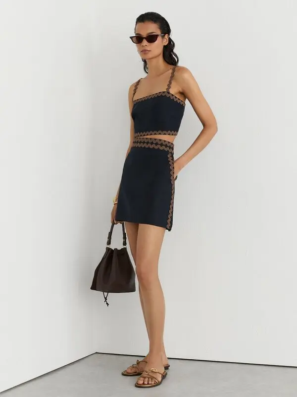 REISS Mila Linen Mini Skirt With Wave Trim - Navy/brown