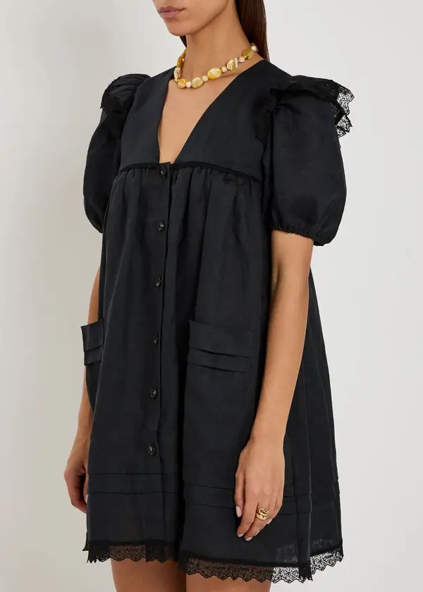 GANNI Lace-trimmed Linen Mini Dress