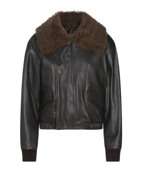 LEMAIRE Zipped Leather Bomber Jacket With Shearling Collar