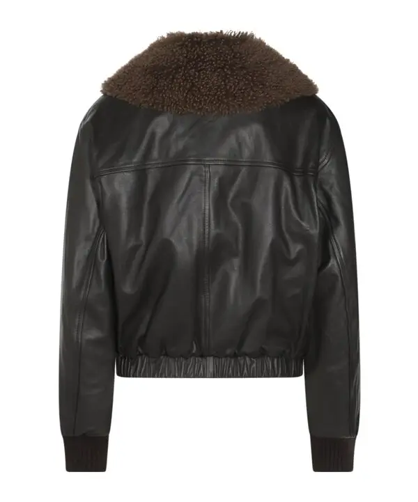 LEMAIRE Zipped Leather Bomber Jacket With Shearling Collar