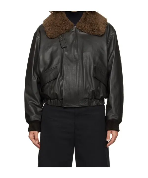 LEMAIRE Zipped Leather Bomber Jacket With Shearling Collar