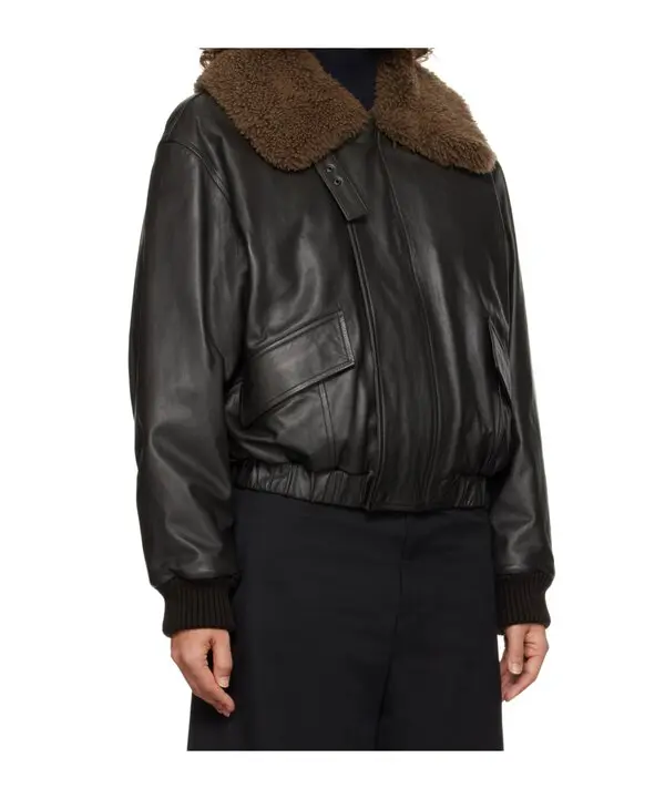 LEMAIRE Zipped Leather Bomber Jacket With Shearling Collar