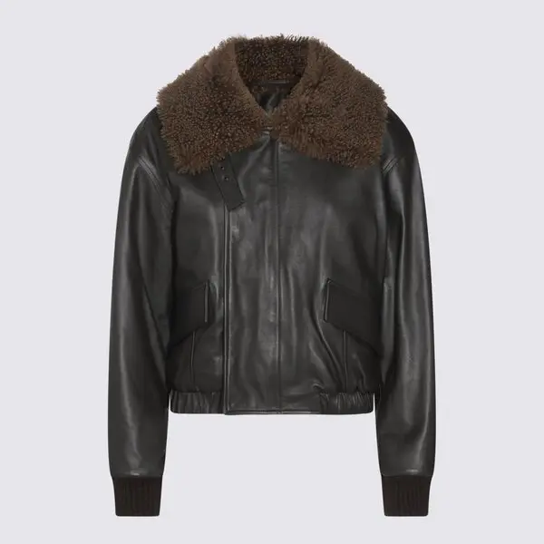 LEMAIRE Zipped Leather Bomber Jacket With Shearling Collar - Espresso