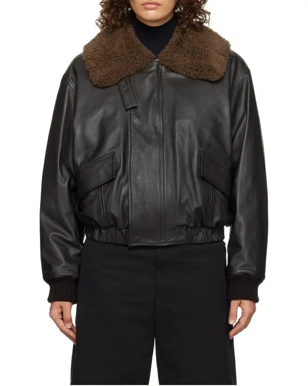 LEMAIRE Zipped Leather Bomber Jacket With Shearling Collar