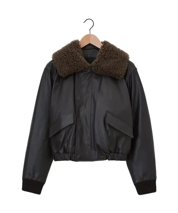 LEMAIRE Zipped Leather Bomber Jacket With Shearling Collar