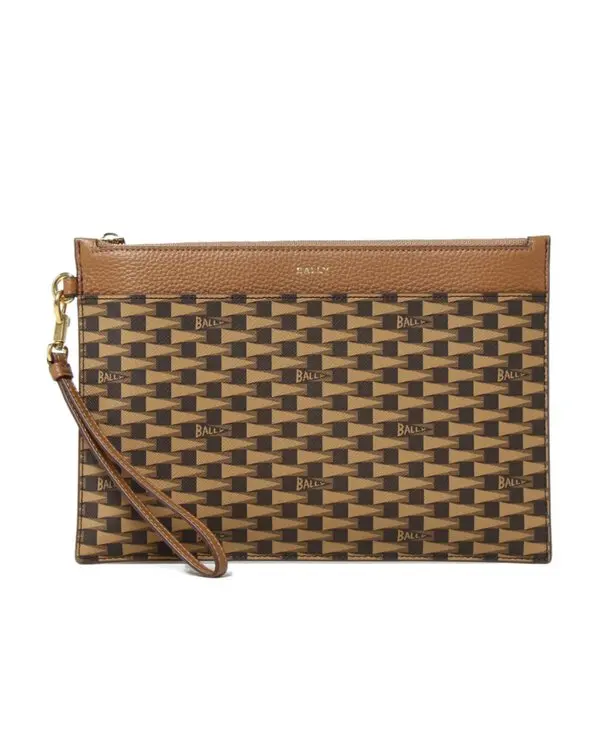 Bally Allover Logo Printed Zipped Clutch Bag - Brown