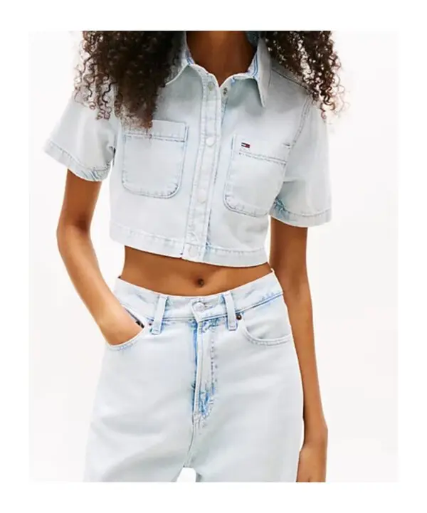 Tommy Hilfiger Cropped Denim Shirt With Spread Collar And Chest Pockets