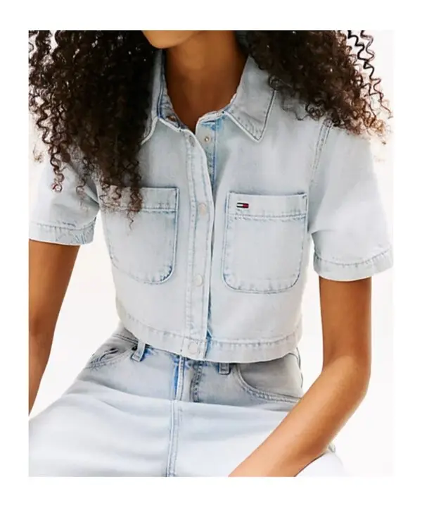 Tommy Hilfiger Cropped Denim Shirt With Spread Collar And Chest Pockets