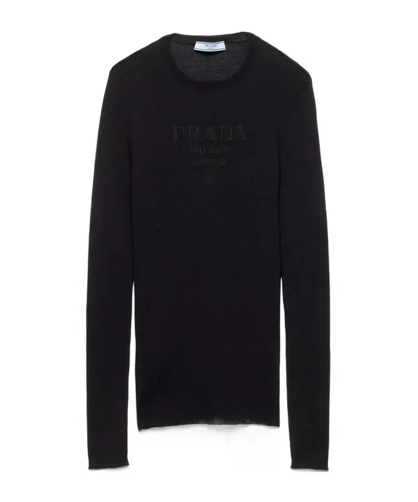Prada Superfine Ribbed Intarsia-logo Sweater - Navy