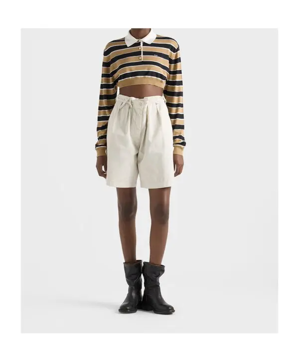 Prada Cropped Striped Silk Polo Shirt