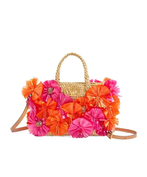 Valentino Garavani Vlogo Plaque Floral Embellished Tote Bag - Natural/red