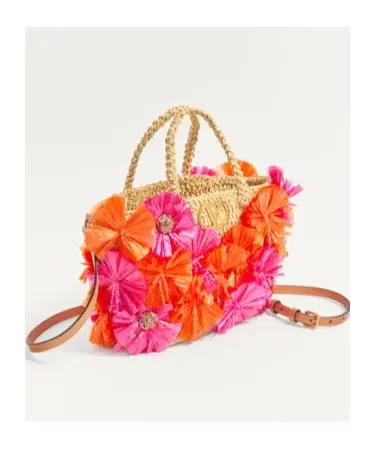 Valentino Garavani Vlogo Signature Floral Embellished Raffia Tote Bag