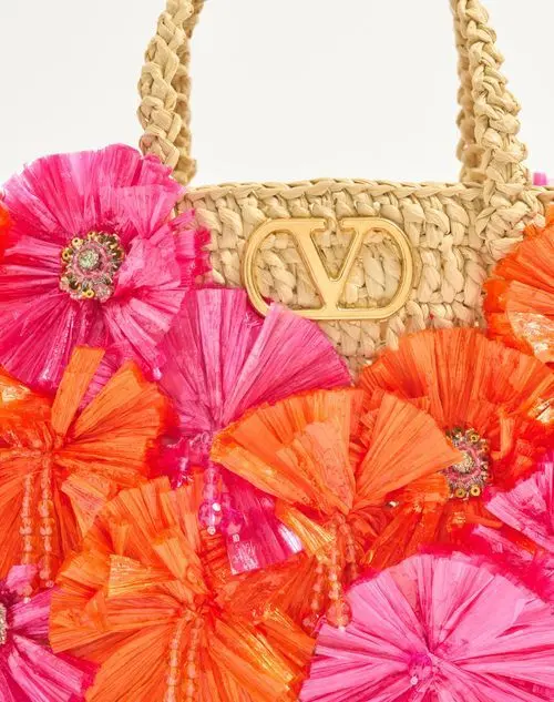 Valentino Garavani Vlogo Signature Floral Embellished Raffia Tote Bag