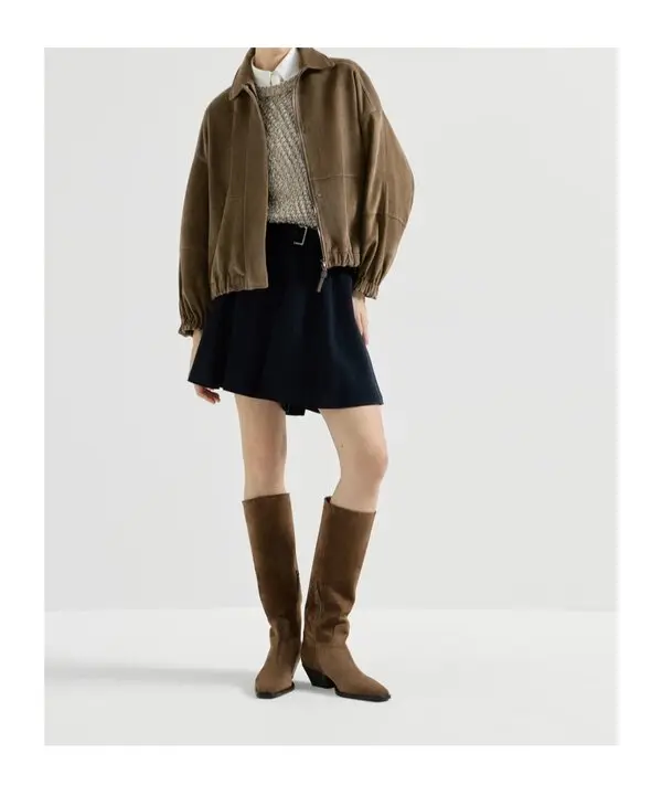 Brunello Cucinelli Couture Suede Outerwear Jacket With Shiny Zipper Pull