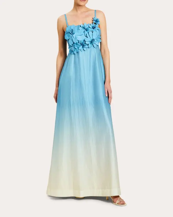 Mestiza New York Esperanza Floral Appliqué Organza Empire Gown - Blue