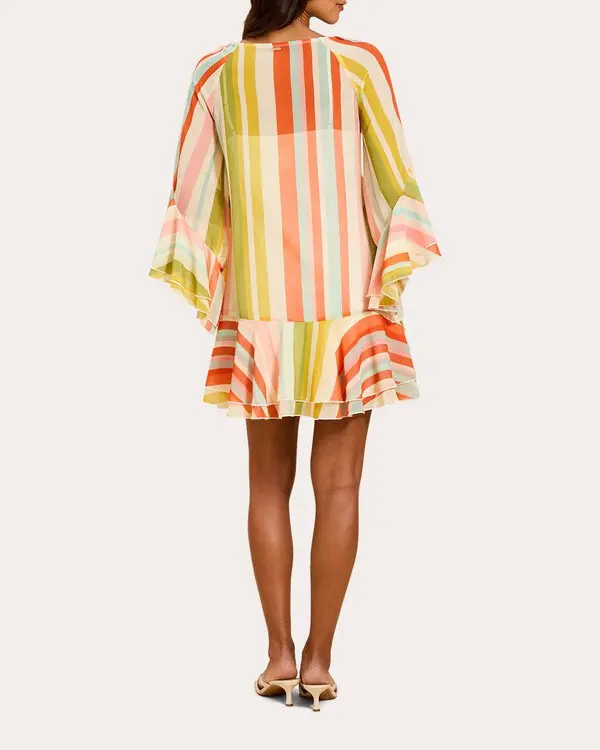 Mestiza New York Bimini Stripe Chiffon Ruffle Kaftan Mini Dress Polyester