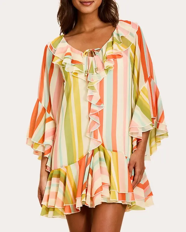 Mestiza New York Bimini Stripe Chiffon Ruffle Kaftan Mini Dress Polyester