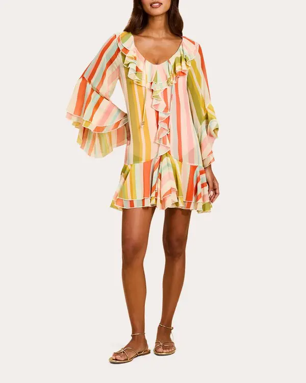 Mestiza New York Bimini Stripe Chiffon Ruffle Kaftan Mini Dress - Multicolor
