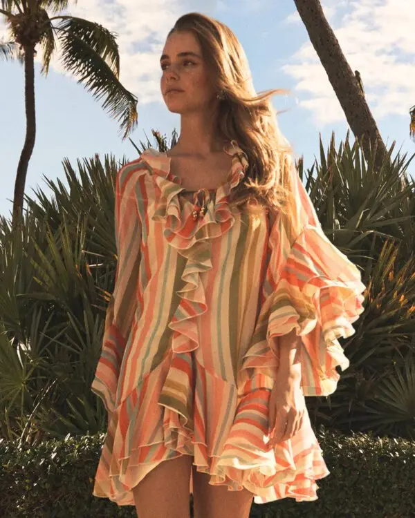 Mestiza New York Bimini Stripe Chiffon Ruffle Kaftan Mini Dress