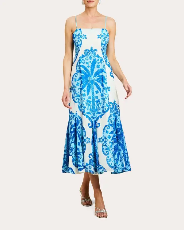Mestiza New York Reverie Printed Chiffon Godet Scarf Maxi Dress - Blue