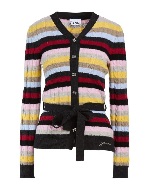 GANNI Intarsia-knit Belted Cardigan - Grey