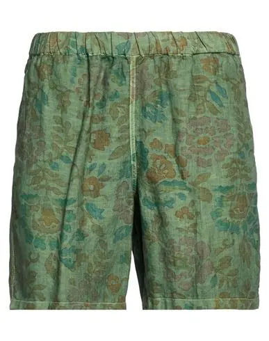 120% Lino Linen Floral Print High Waisted Drawstring Shorts - Green
