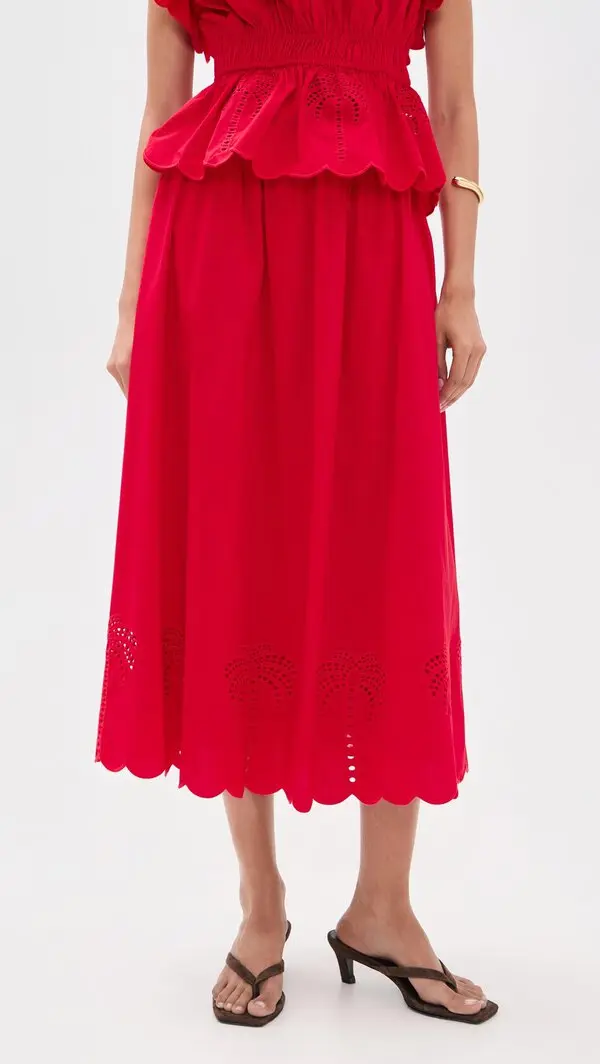 English Factory Embroidered High Waist Midi Skirt